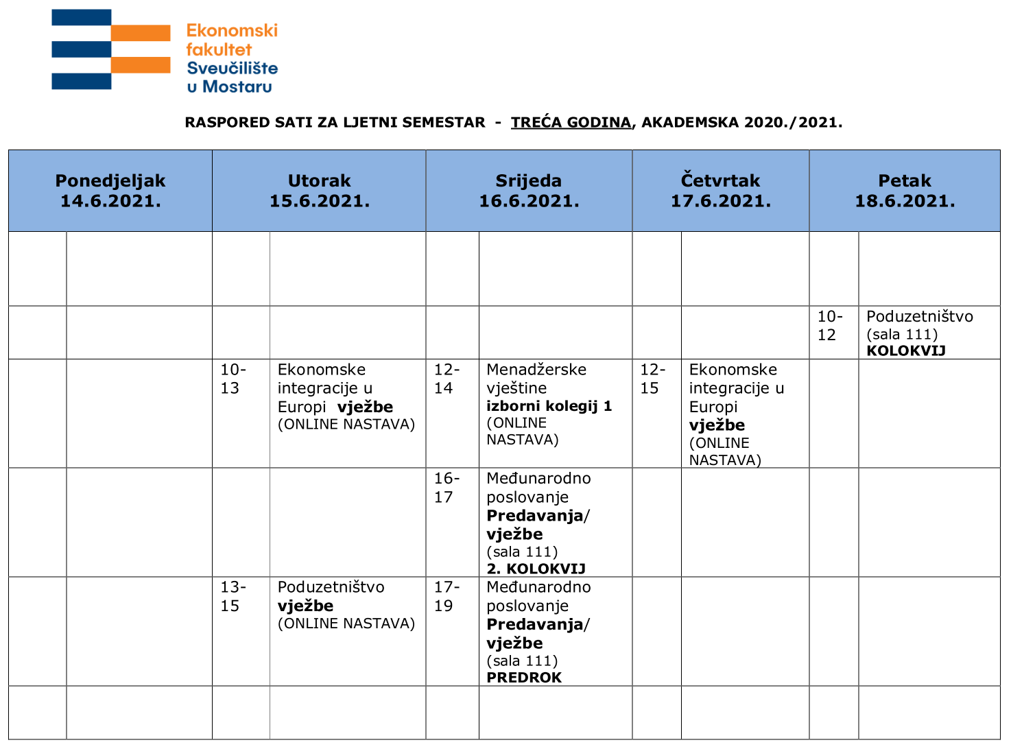 Raspored nastave za III. godinu - PE | Ekonomski fakultet Sveučilišta u ...